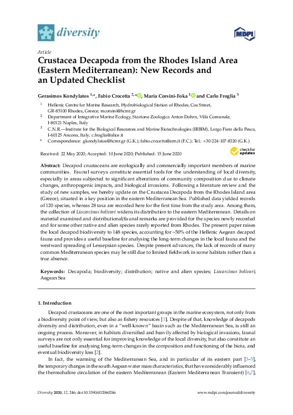 (PDF) Crustacea Decapoda from the Rhodes Island Area (Eastern ...