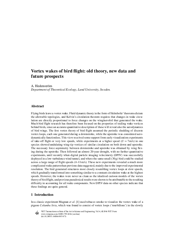 (PDF) Vortex Wakes Of Bird Flight: Old Theory, New Data AndFuture Prospects