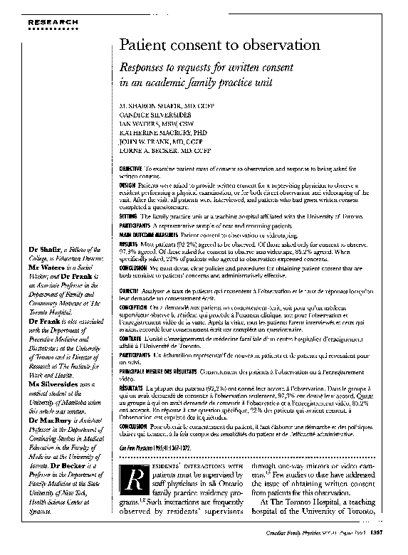 (PDF) Patient consent to observation. Responses to requests for written ...