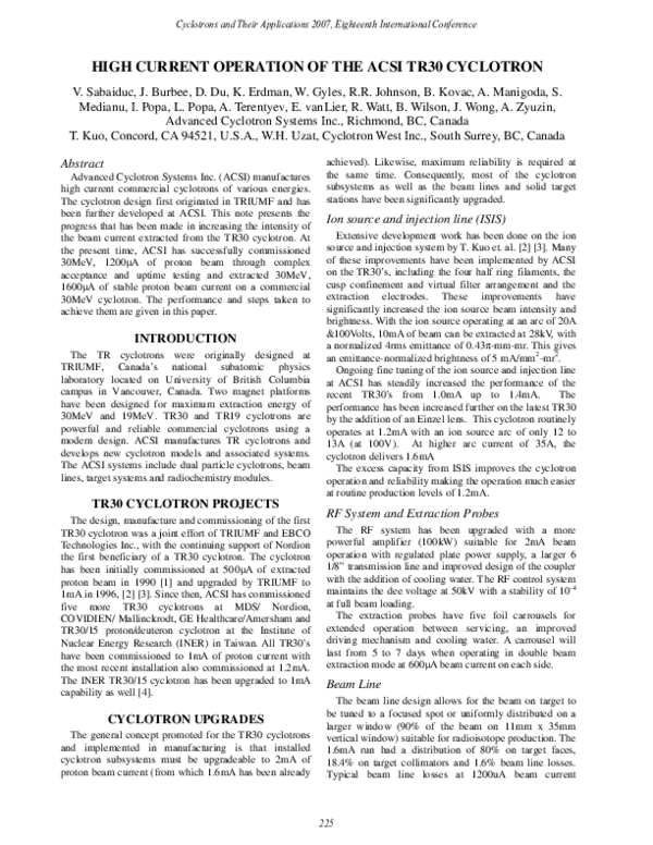 (PDF) High Current Operation of the ACSI TR30 Cyclotron