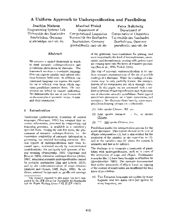 (PDF) A uniform approach to underspecification and parallelism