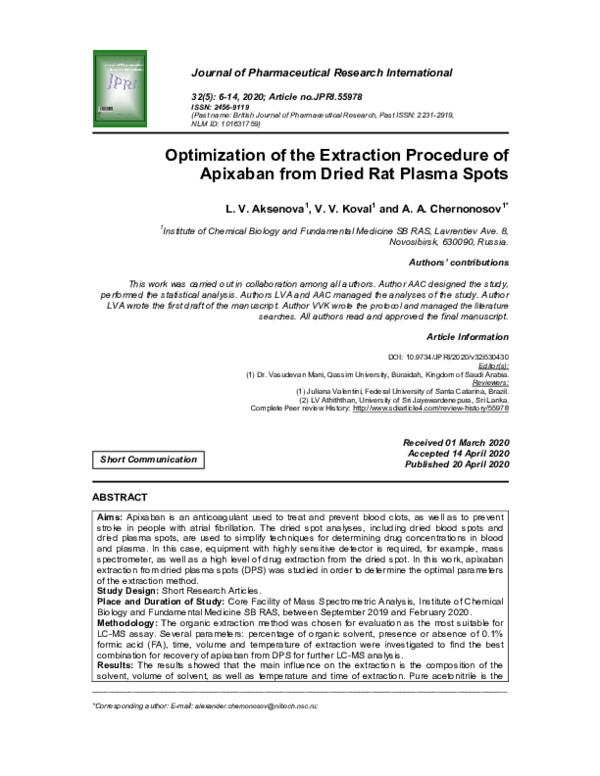(PDF) Optimization of the Extraction Procedure of Apixaban from Dried ...