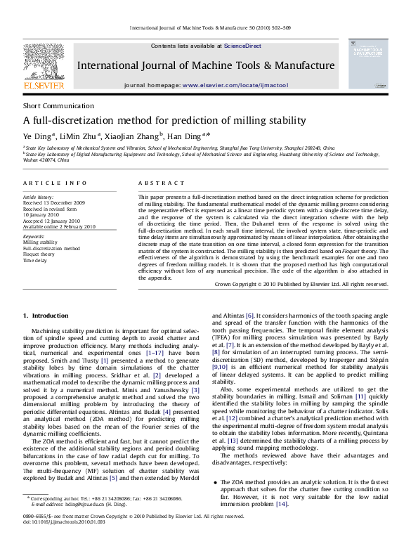 (PDF) A full-discretization method for prediction of milling stability