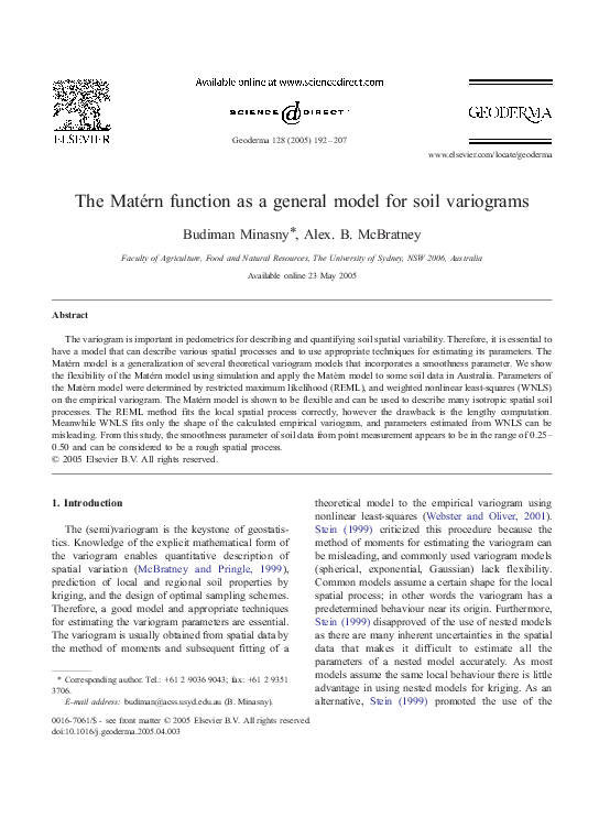 (PDF) The Matérn function as a general model for soil variograms
