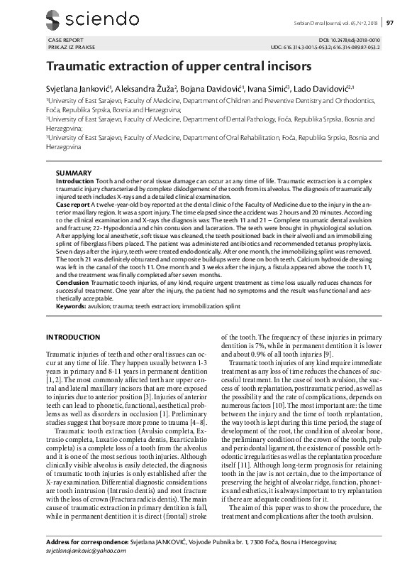 (PDF) Traumatic extraction of upper central incisors