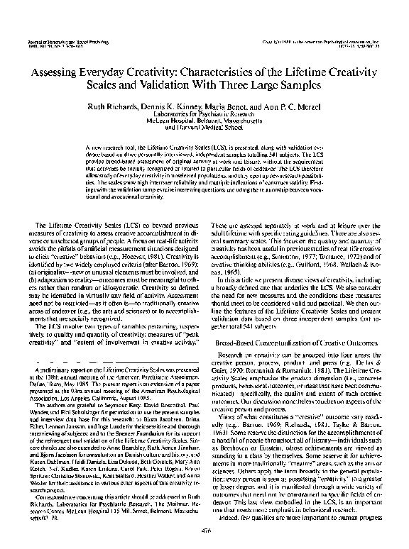 (PDF) Assessing Everyday Creativity: Characteristics of the Lifetime ...