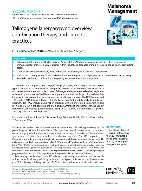 (PDF) Talimogene laherparepvec: overview, combination therapy and ...