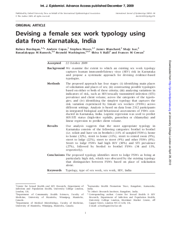 Pdf Devising A Female Sex Work Typology Using Data From Karnataka India