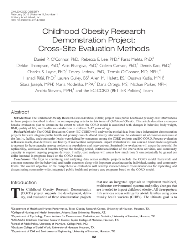 (PDF) Childhood Obesity Research Demonstration Project: Cross-Site ...
