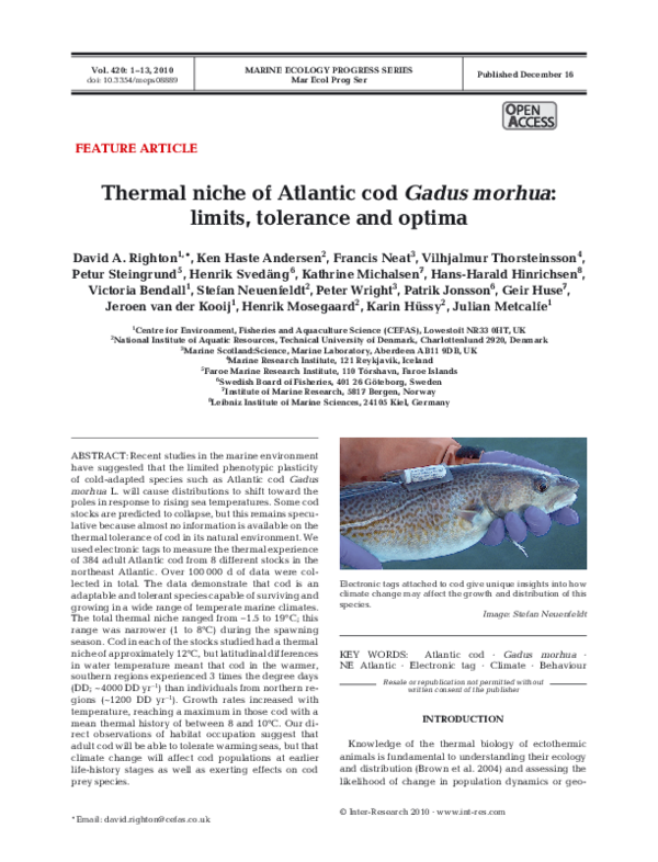 (PDF) Thermal niche of Atlantic cod Gadus morhua: limits, tolerance and ...