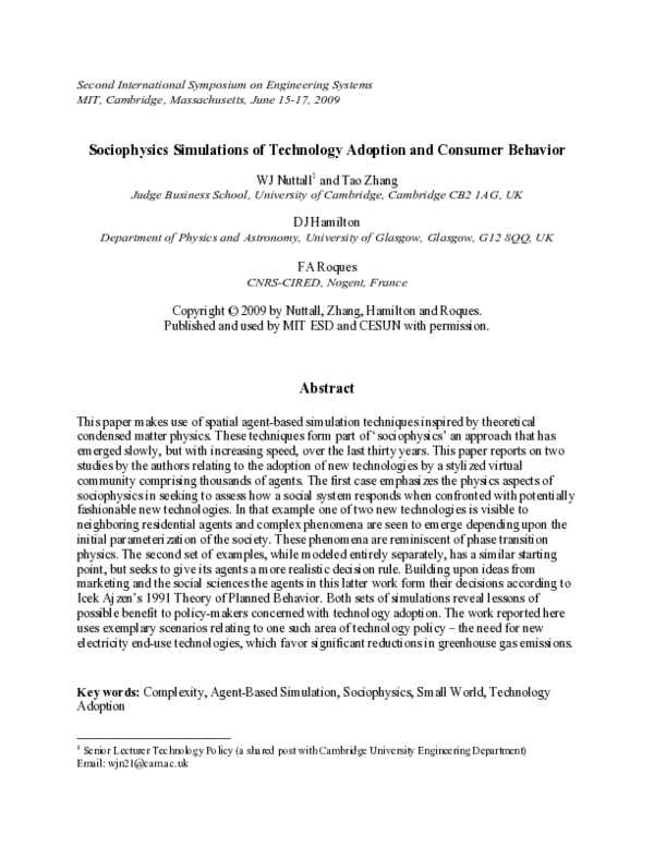 (PDF) Sociophysics Simulations of Technology Adoption and Consumer Behavior