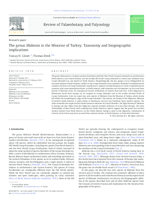 (PDF) Güner, T. H., Denk, T. 2012. The genus Mahonia in the Miocene of ...