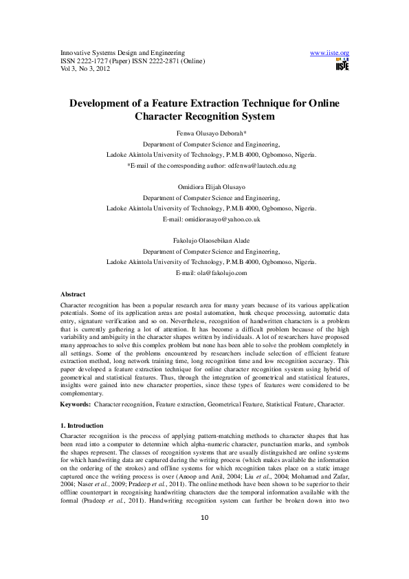 Pdf 11 Development Of A Feature Extraction Technique For Online
