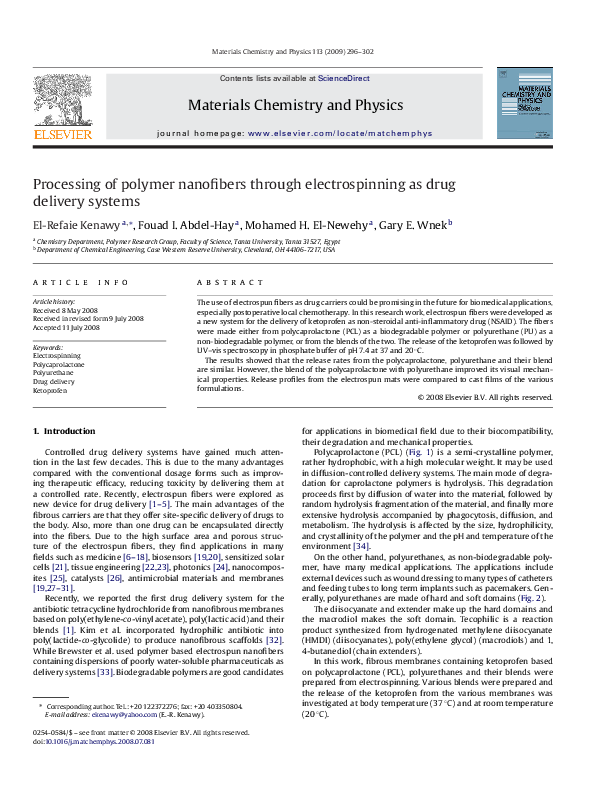(PDF) Processing of polymer nanofibers through electrospinning as drug delivery systems