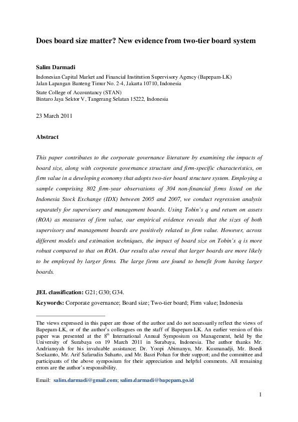 (PDF) Does Board Size Matter? New Evidence from a Two-Tier Board System