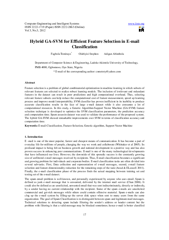 (PDF) 11.Hybrid GA-SVM for Efficient Feature Selection in E-mail Classification