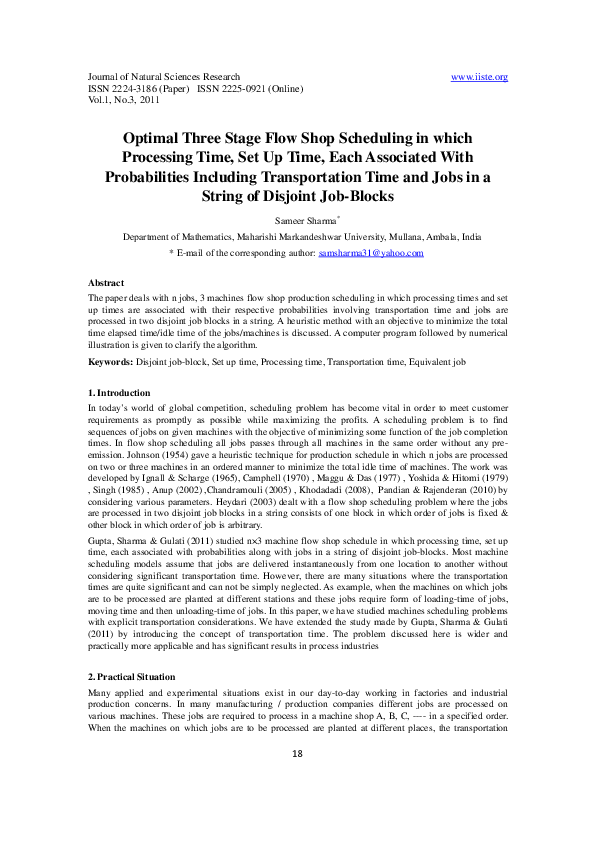Pdf 11optimal Three Stage Flow Shop Scheduling In Which Processing