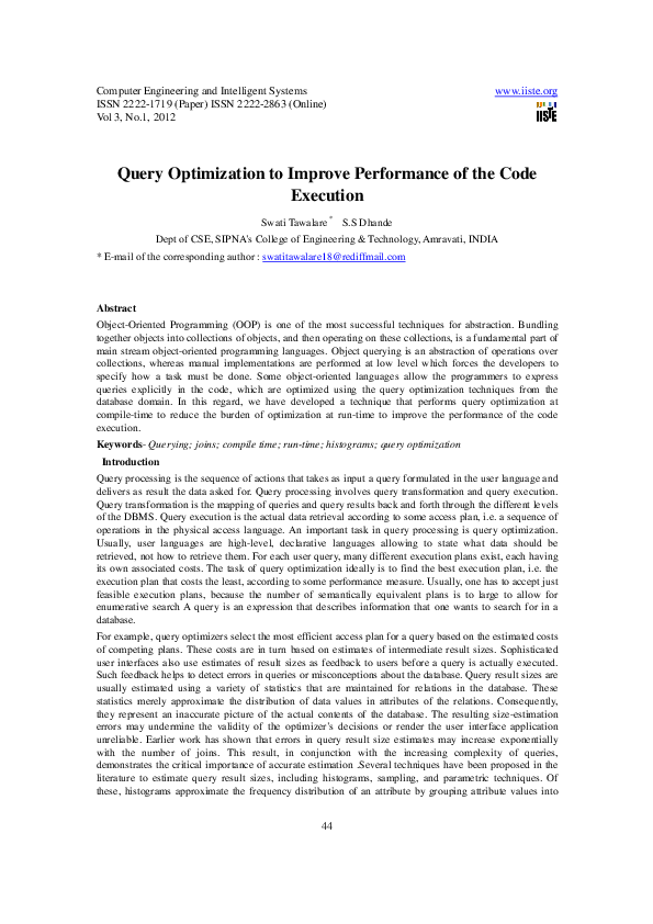 (PDF) 11.Query Optimization to Improve Performance of the Code Execution