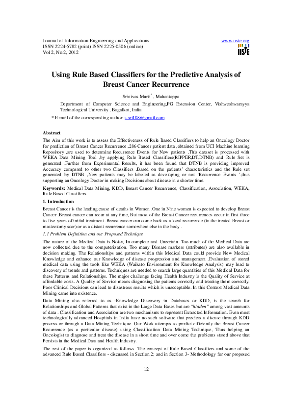 Pdf 11using Rule Based Classifiers For The Predictive Analysis Of Breast Cancer Recurrence