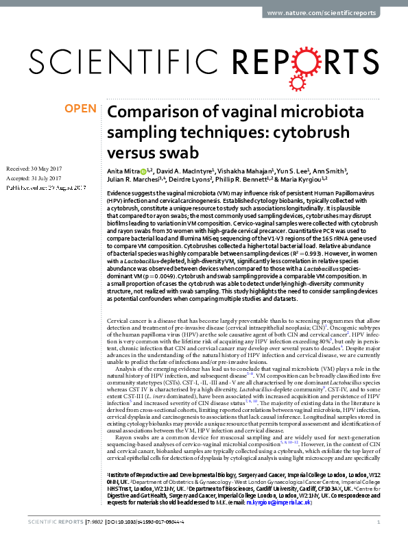 (PDF) Comparison of vaginal microbiota sampling techniques: cytobrush ...
