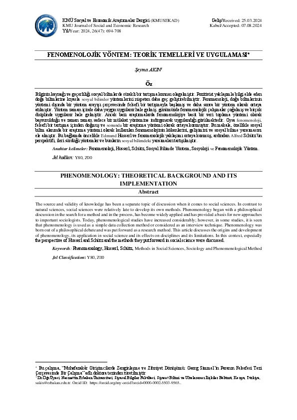 (PDF) FENOMENOLOJİK YÖNTEM: TEORİK TEMELLERİ VE UYGULAMASI