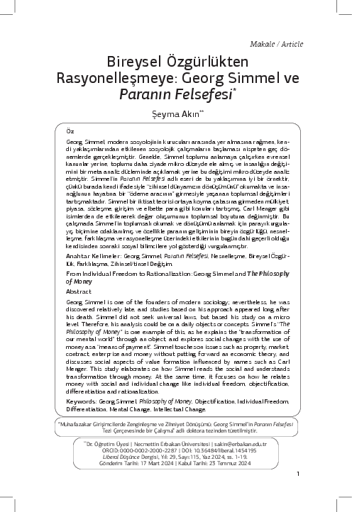 (PDF) Bireysel Özgürlükten Rasyonelleşmeye: Georg Simmel ve Paranın ...