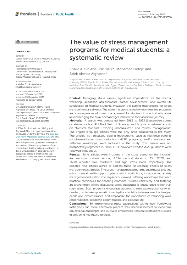 (PDF) The value of stress management programs for medical students: a ...