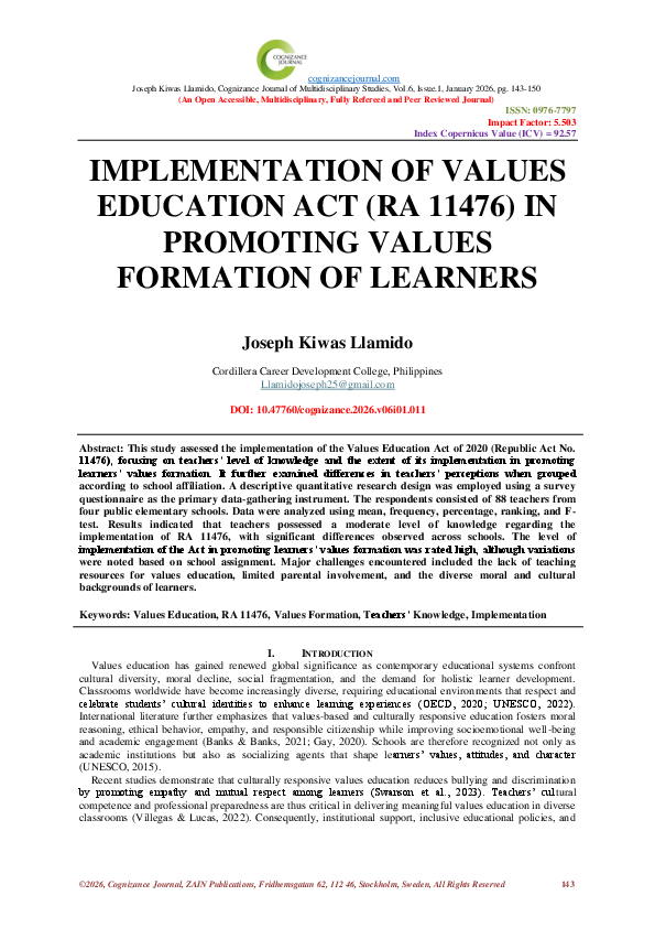 (PDF) IMPLEMENTATION OF VALUES EDUCATION ACT (RA 11476) IN PROMOTING ...