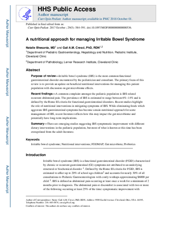 (PDF) A nutritional approach for managing irritable bowel syndrome