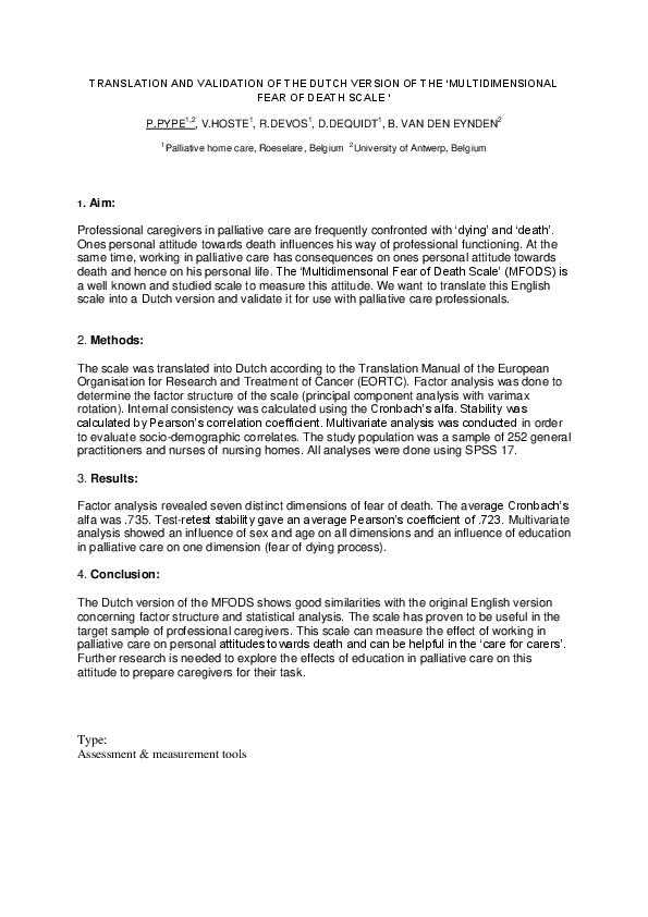 (PDF) Translation and validation of the Dutch version of the ...