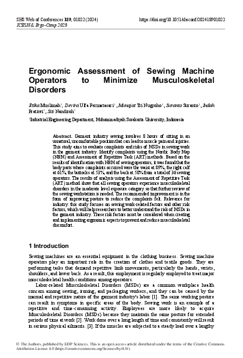 (PDF) Ergonomic Assessment of Sewing Machine Operators to Minimize ...