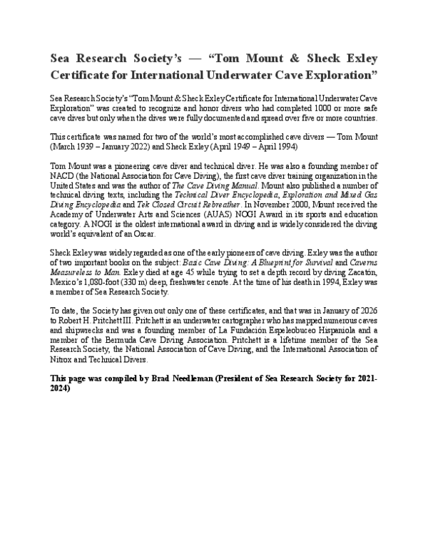 (PDF) Tom Mount Sheck Exley Certificate for International Underwater ...