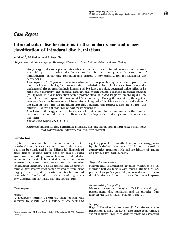 (PDF) Intraradicular disc herniations in the lumbar spine and a new ...