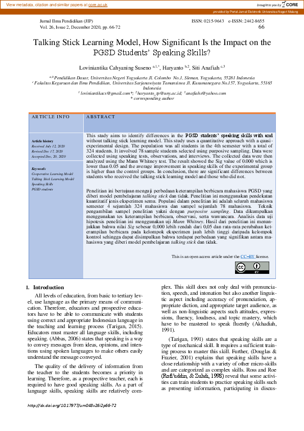 (PDF) Talking Stick Learning Model, How Significant Has the Impact on ...