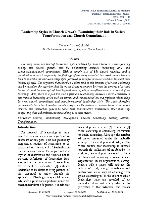 (PDF) Leadership Styles in Church Growth: Examining their Role in ...