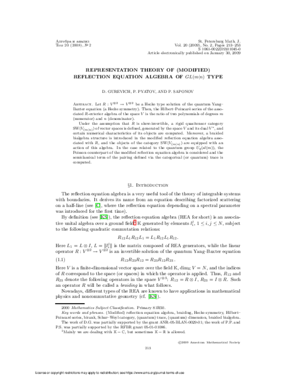 (PDF) Representation theory of (modified) reflection equation algebra ...