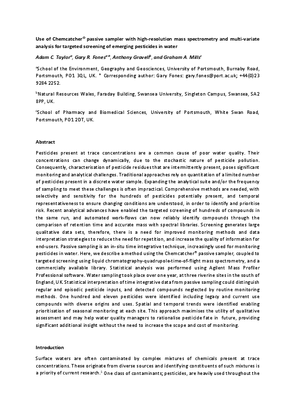 (PDF) Use of Chemcatcher® passive sampler with high-resolution mass ...