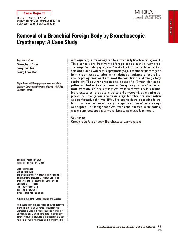(PDF) Removal of a Bronchial Foreign Body by Bronchoscopic Cryotherapy ...