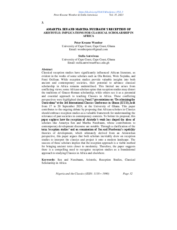 (PDF) AMARTYA SEN AND MARTHA NUSSBAUM"S RECEPTION OF ARISTOTLE ...
