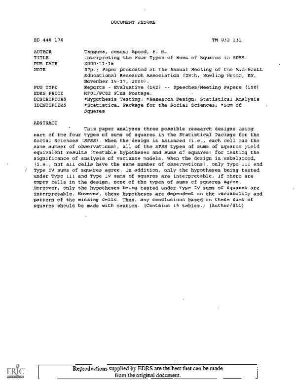 (PDF) Interpreting the Four Types of Sums of Squares in SPSS
