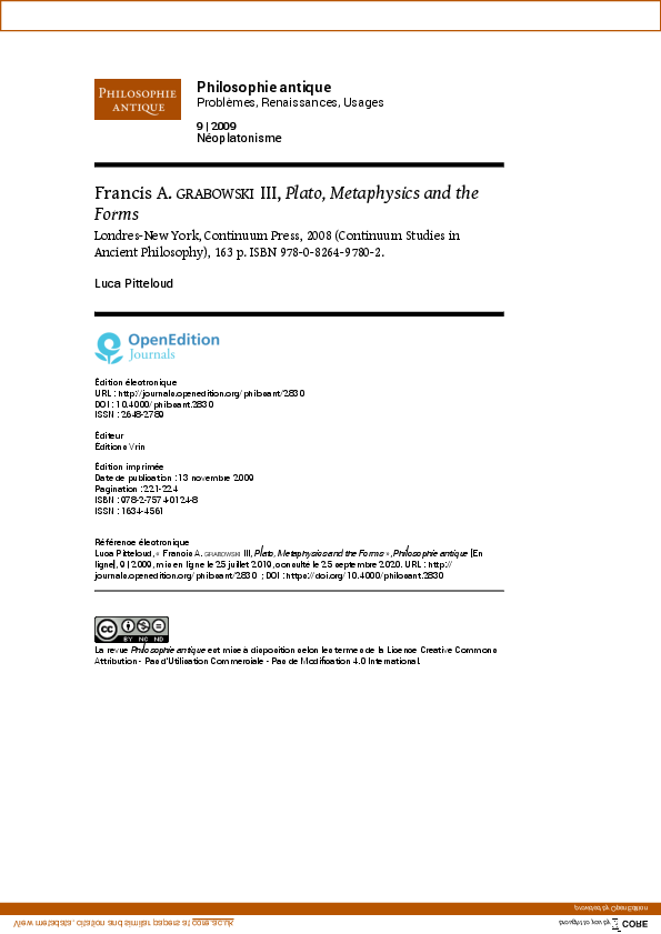 (PDF) Francis A. Grabowski III, Plato, Metaphysics and the Forms