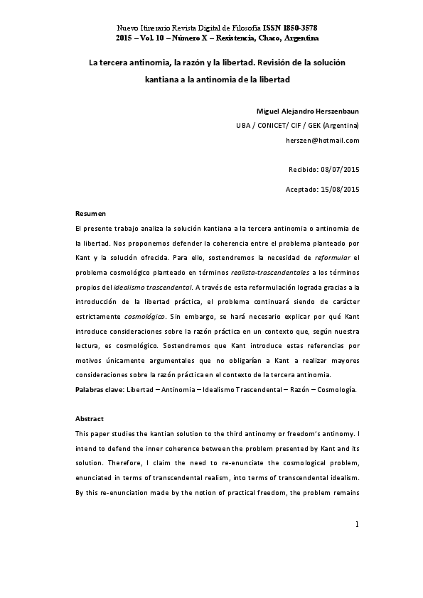 (PDF) La tercera antinomia, la razón y la libertad. Revisión de la ...