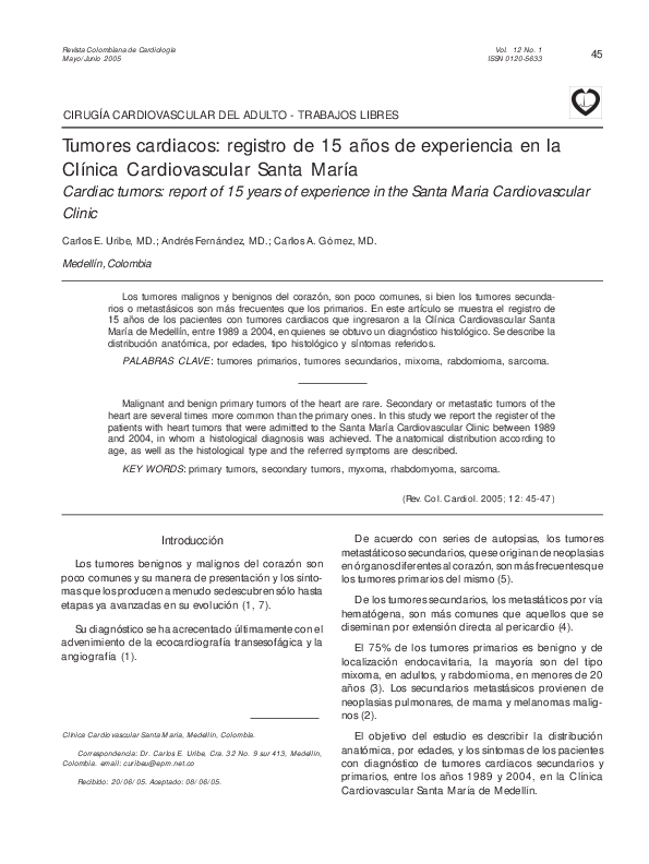 (PDF) Cardiac tumors: report of 15 years of experience in the Santa ...