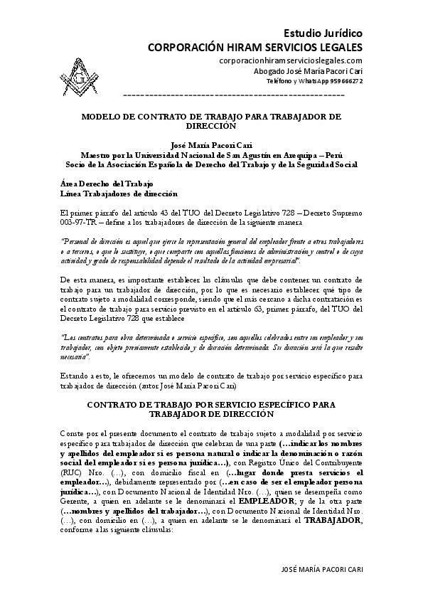 (PDF) MODELO CONTRATO TRABAJO PARA TRABAJADOR DE DIRECCIÓN - AUTOR JOSÉ ...