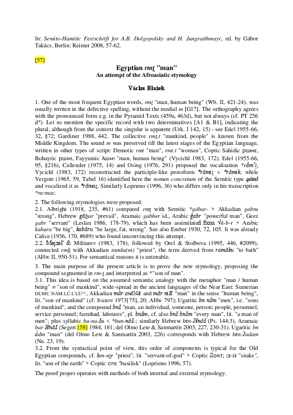 (PDF) Egyptian rmt "Man": An attempt at an Afroasiatic Etymology. In ...