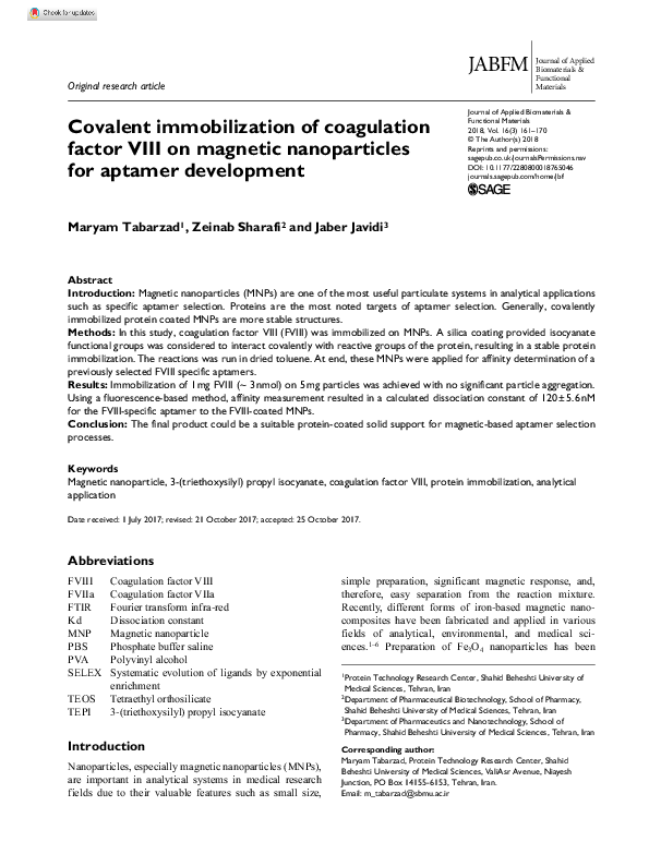 (PDF) Covalent immobilization of coagulation factor VIII on magnetic ...