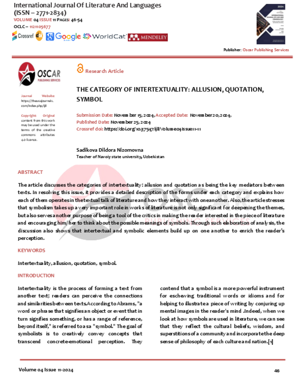 (PDF) THE CATEGORY OF INTERTEXTUALITY: ALLUSION, QUOTATION, SYMBOL