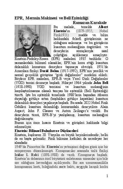 (PDF) EPR, Mermin Makinesi ve Bell Eşitsizliği