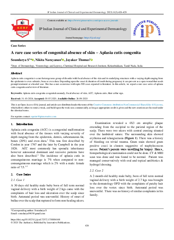 (PDF) A rare case series of congenital absence of skin -Aplasia cutis ...