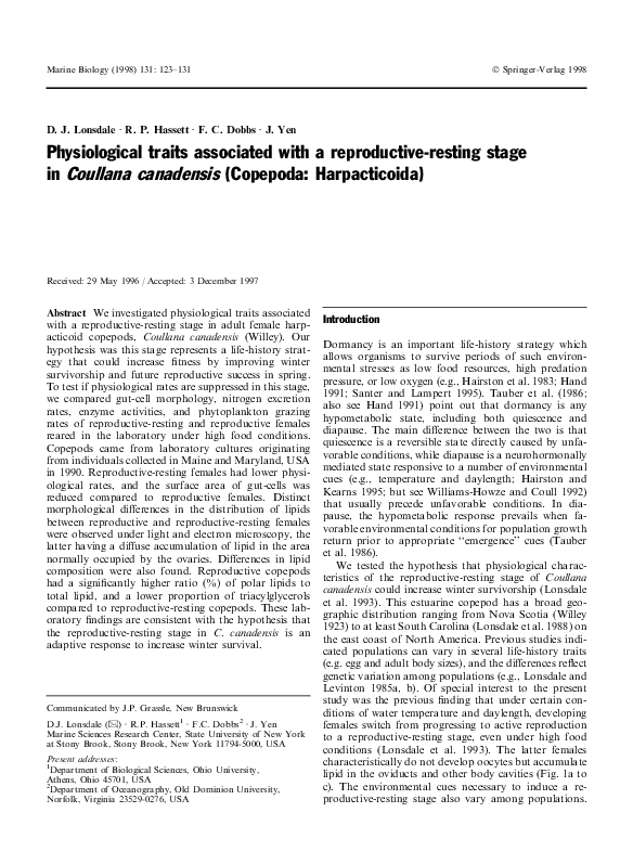 (PDF) Physiological traits associated with a reproductive-resting stage ...